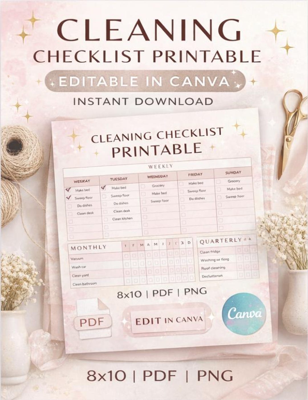 Cleaning Checklist Printable | Editable Canva Template | Weekly Monthly ...