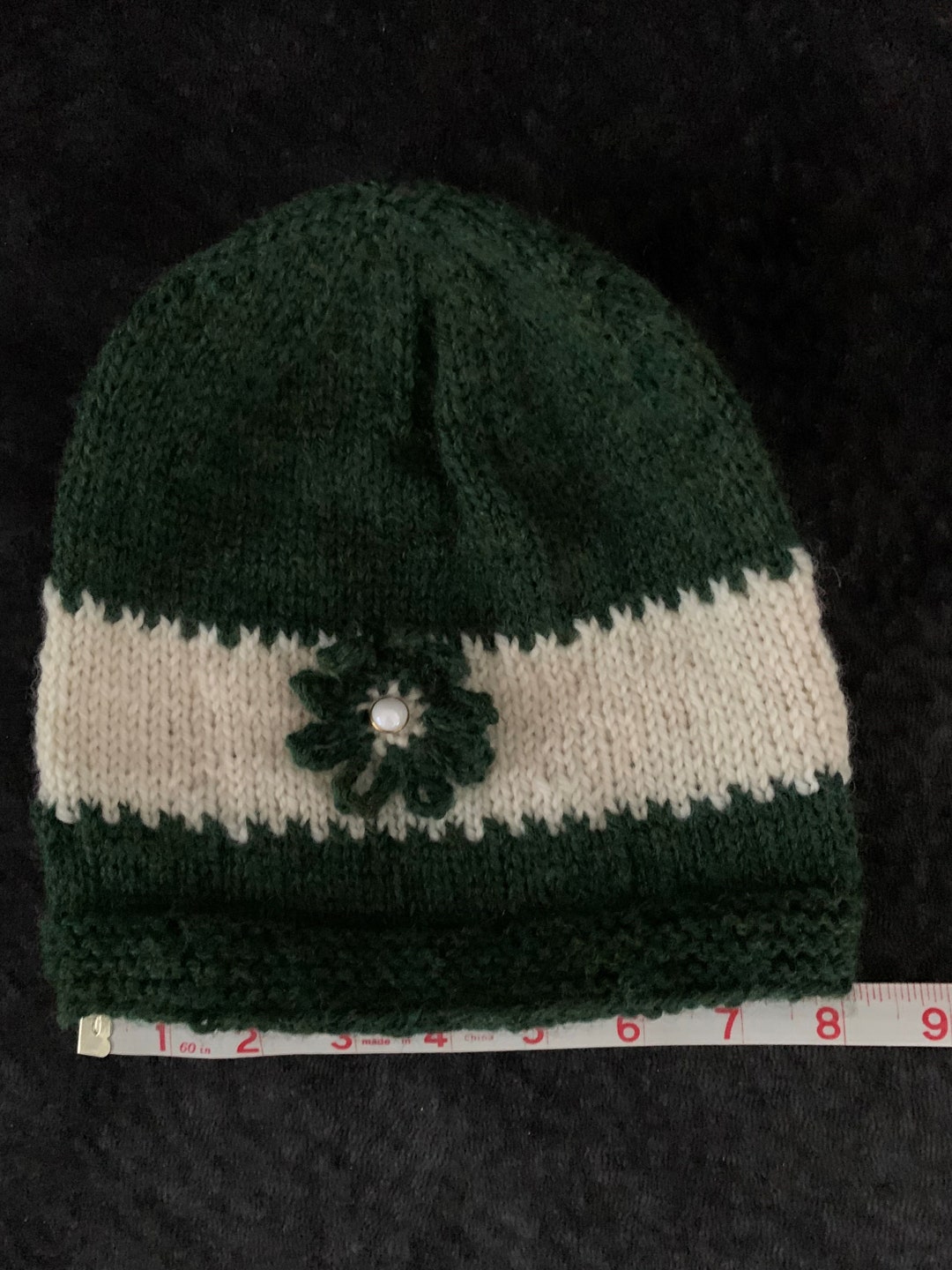 Dark Green and White Stocking Cap With Flower - Etsy
