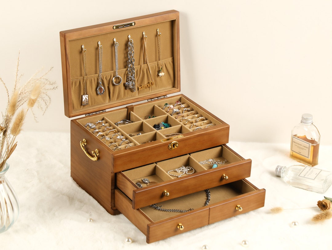 Custom Wooden Jewelry Box, Large Locking Jewelry Organizer Storage ...