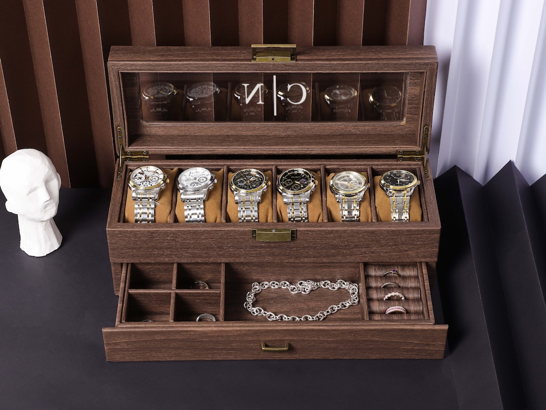 Personalized Leather Watch Case With Drawer for Rings and Trinkets ...