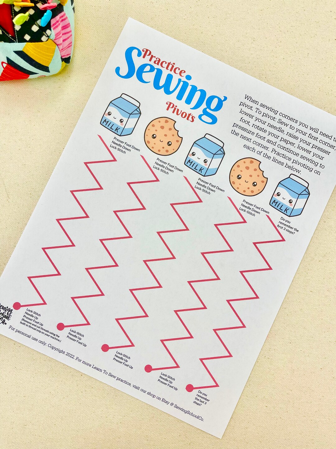 Beginner Practice Sewing Worksheet I Pivots I Milk and Cookies Theme I ...