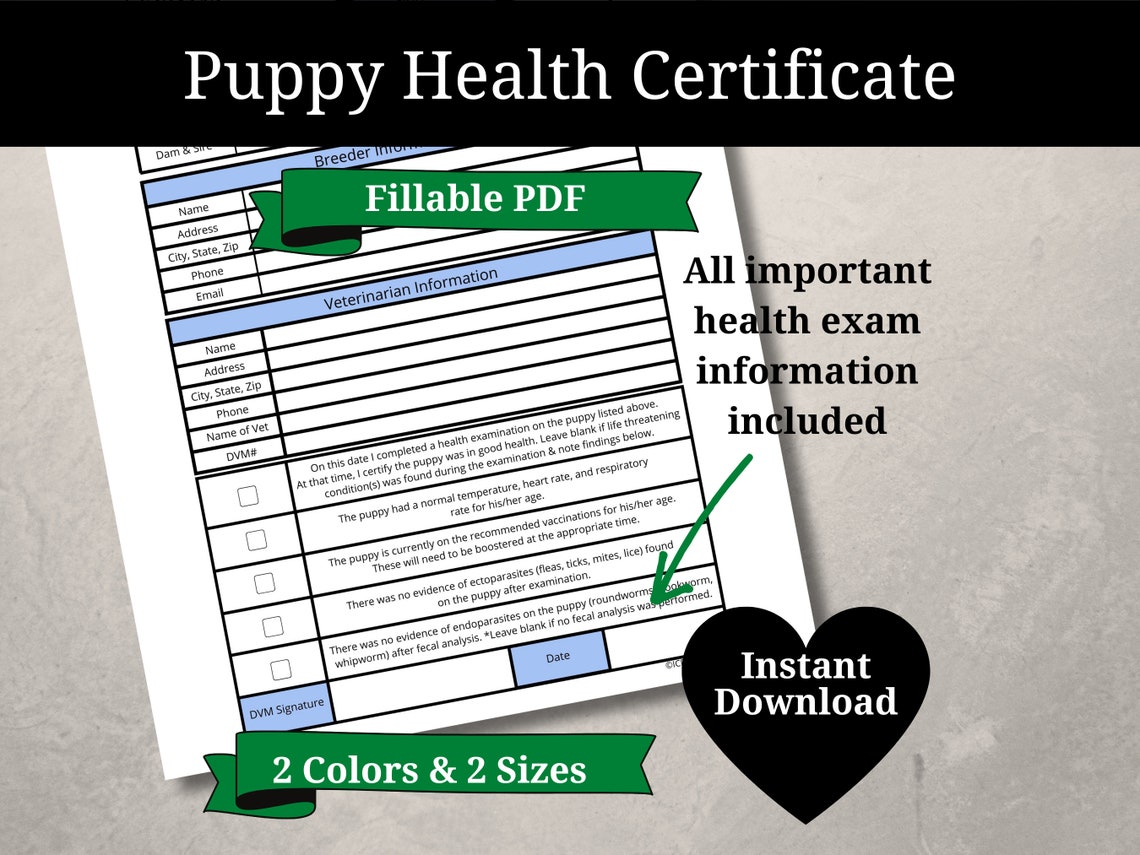 Printable Puppy Health Certificate | Editable PDF | Veterinarian Health ...