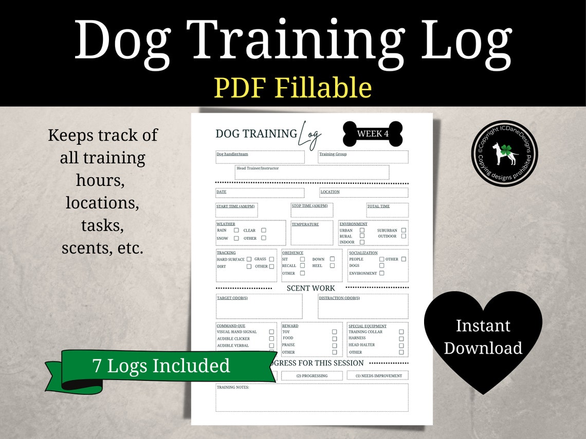 Dog Training Log, Puppy Training Log, Dog Training Planner, Service Dog ...