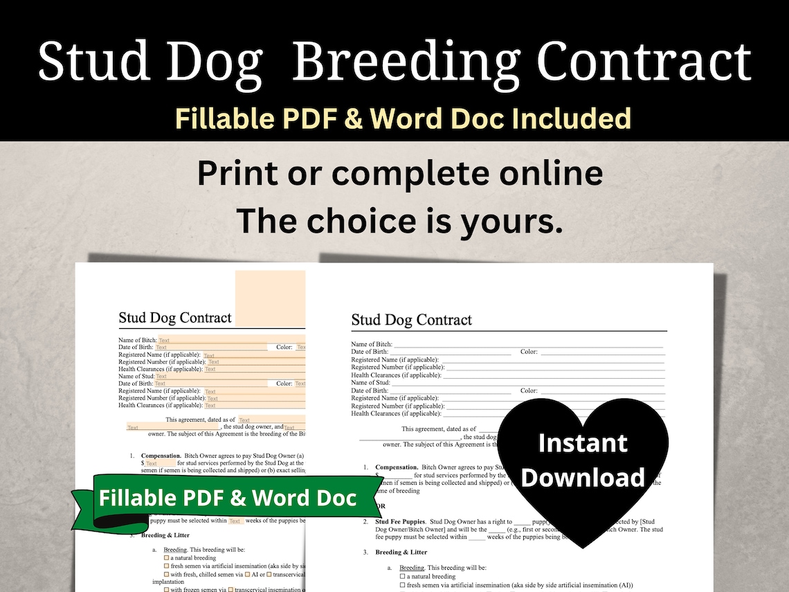 Stud Dog Owner Breeding Contract Fillable PDF Instant - Etsy