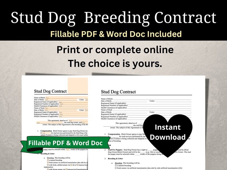 Stud Dog Owner Breeding Contract Fillable PDF Instant - Etsy