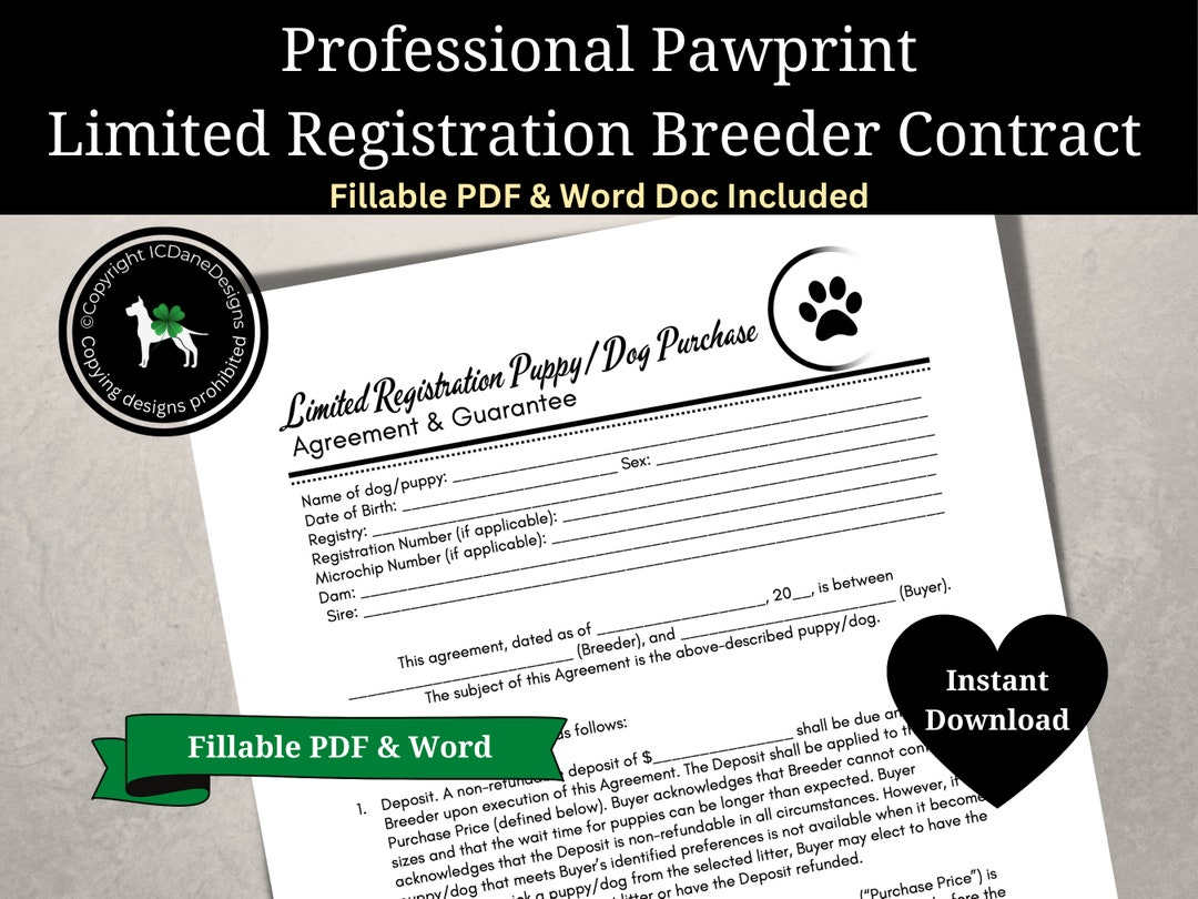 Professional Pawprint Dog Breeder Contract Limited Registration Puppy ...