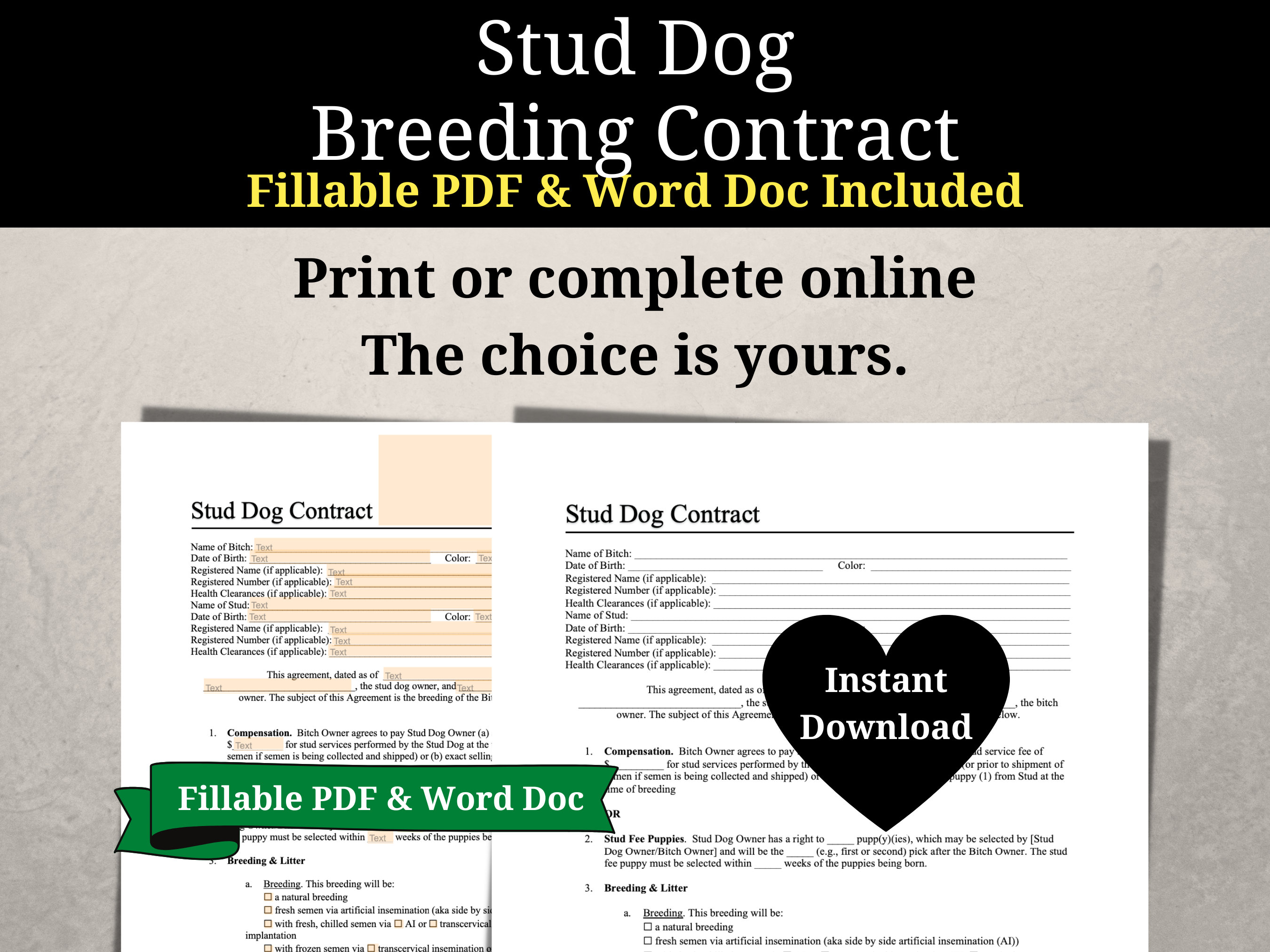 Stud Dog Owner Breeding Contract | Fillable PDF | Instant Download | 2 ...