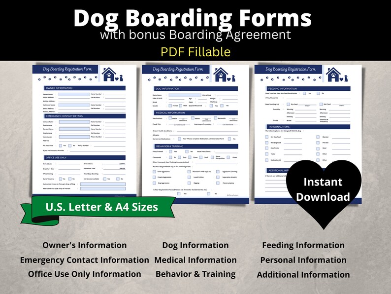 Dog Boarding Registration Form, Agreement (fillable PDF) - Etsy