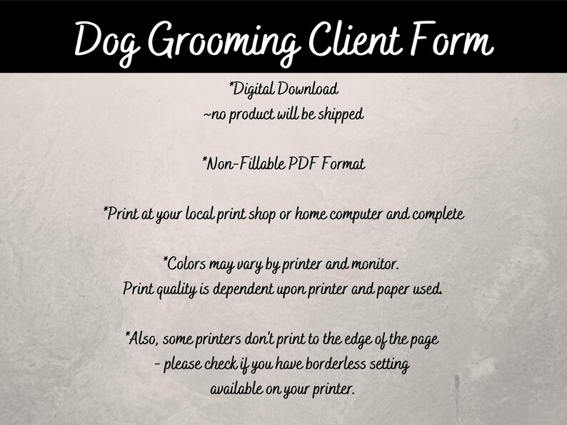 Dog Grooming Client Form Dog Grooming Business Form Dog - Etsy