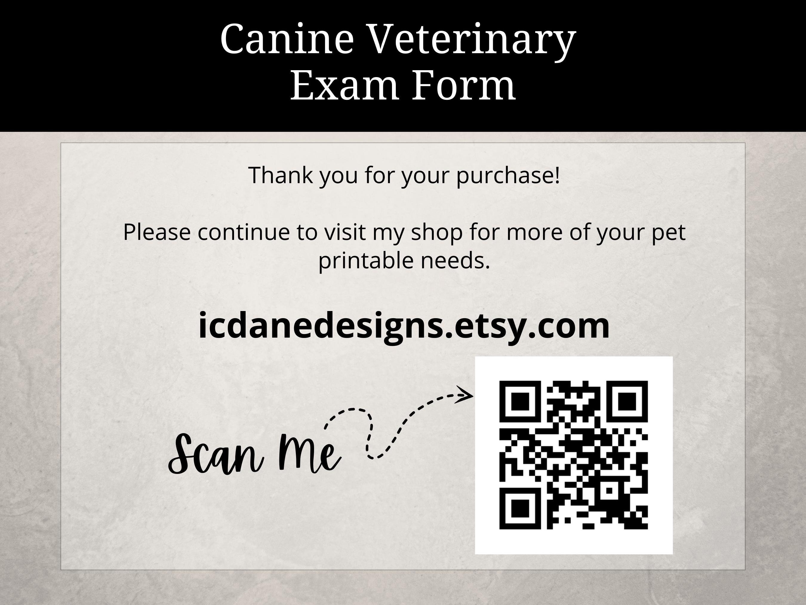 Canine Veterinary Health Exam Form, Dog Health Form, Vet Exam Form, for ...