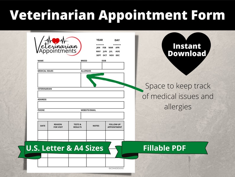 Veterinarian Appointment Form Vet Visit Record Pet Medical Record Puppy ...