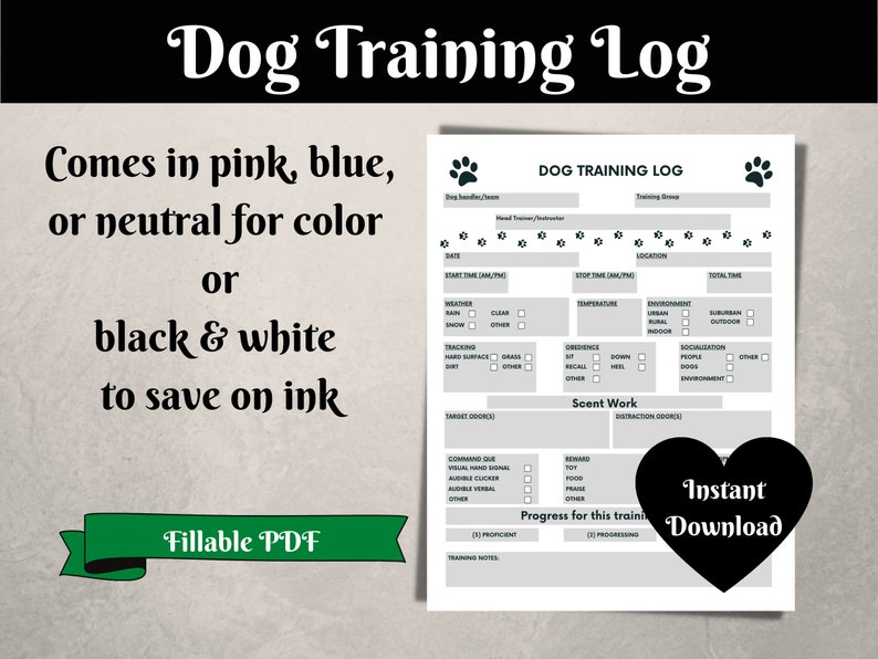 Dog Training Log, Dog Training Planner, Dog Handler Form, Training ...