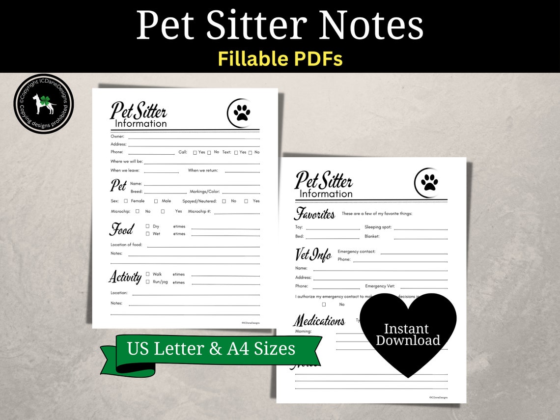 Pet Sitter Notes, Pet Sitter Instructions, Pet Sitter Forms, Pet Sitter ...