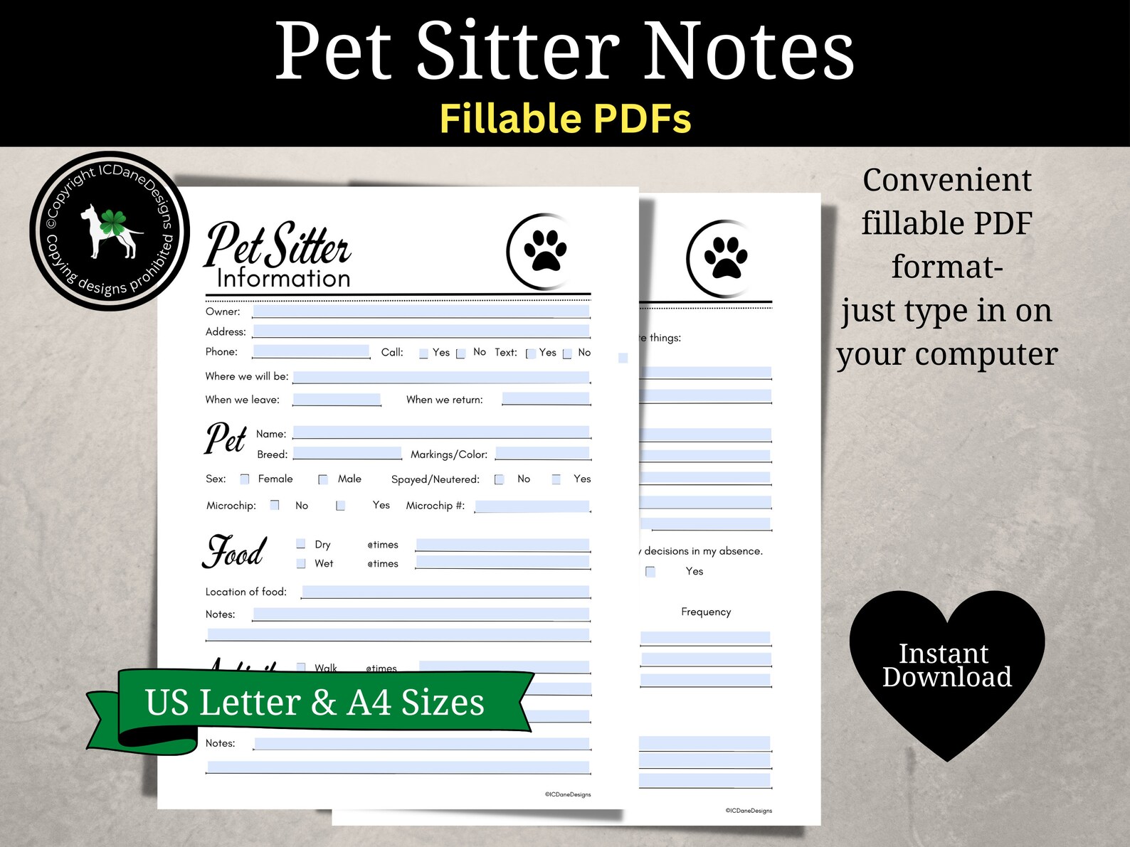 Pet Sitter Notes, Pet Sitter Instructions, Pet Sitter Forms, Pet Sitter ...
