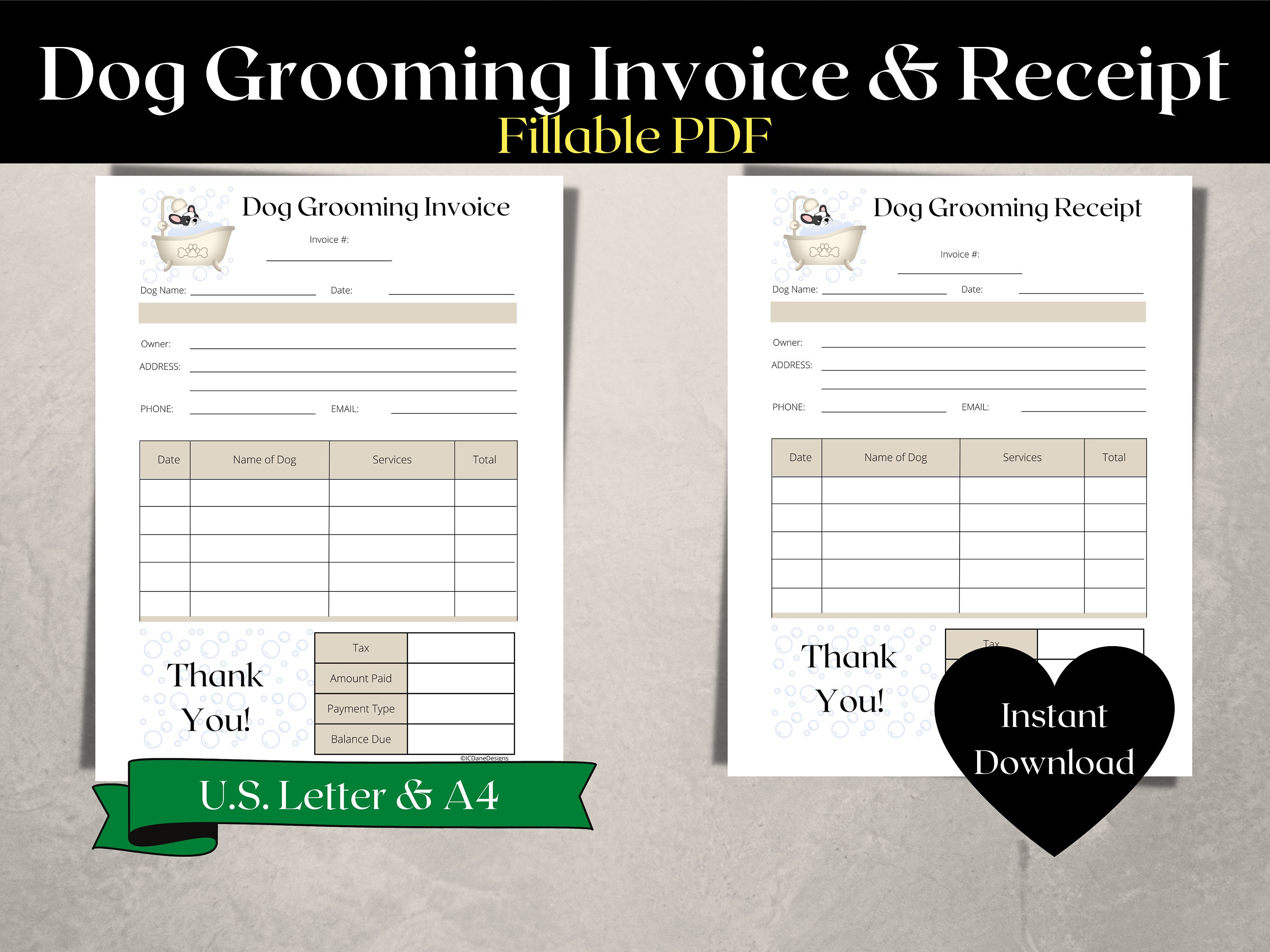 Dog Grooming Invoice and Receipt Dog Groomer Business Forms Fillable ...