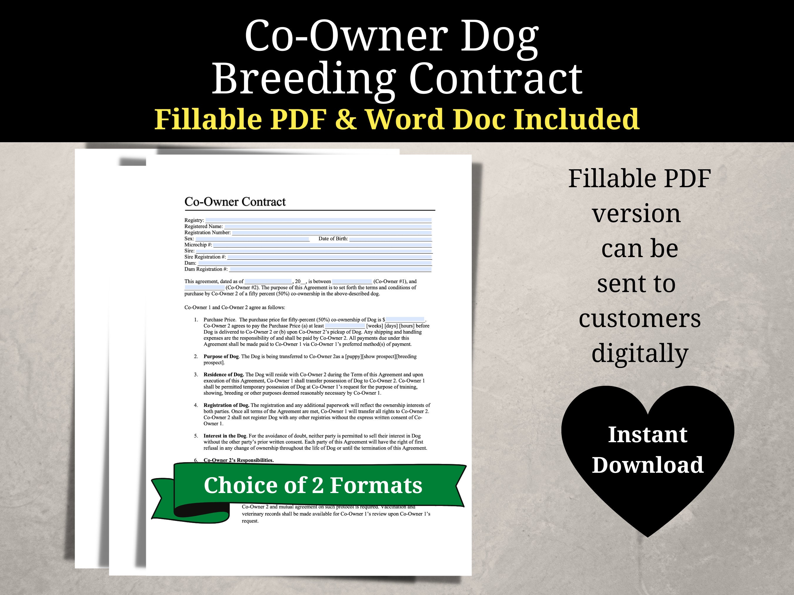 Co-owner Dog Breeder Contract, Dog Breeding Contract for Show Dogs or ...