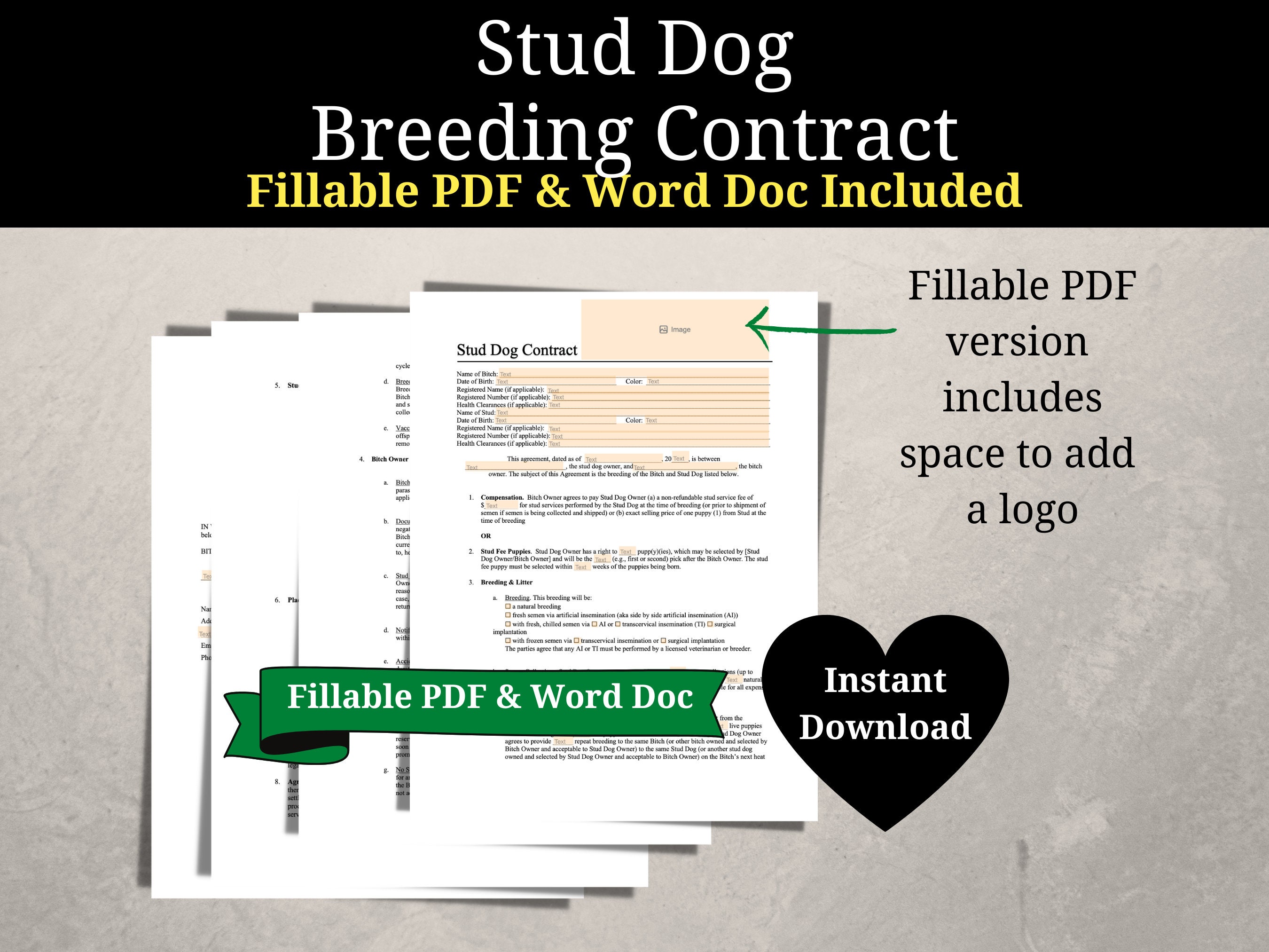 Stud Dog Owner Breeding Contract | Fillable PDF | Instant Download | 2 ...