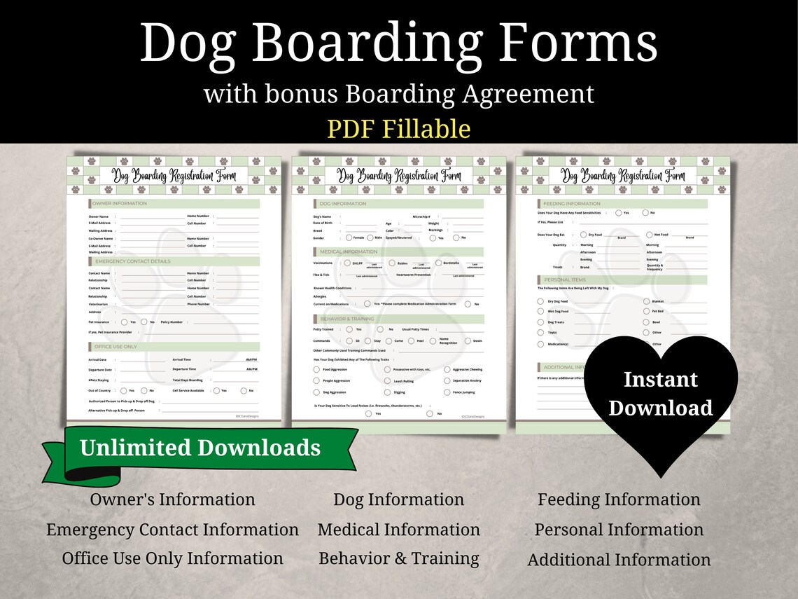 Dog Boarding Registration Form With Agreement (fillable PDF) - Etsy