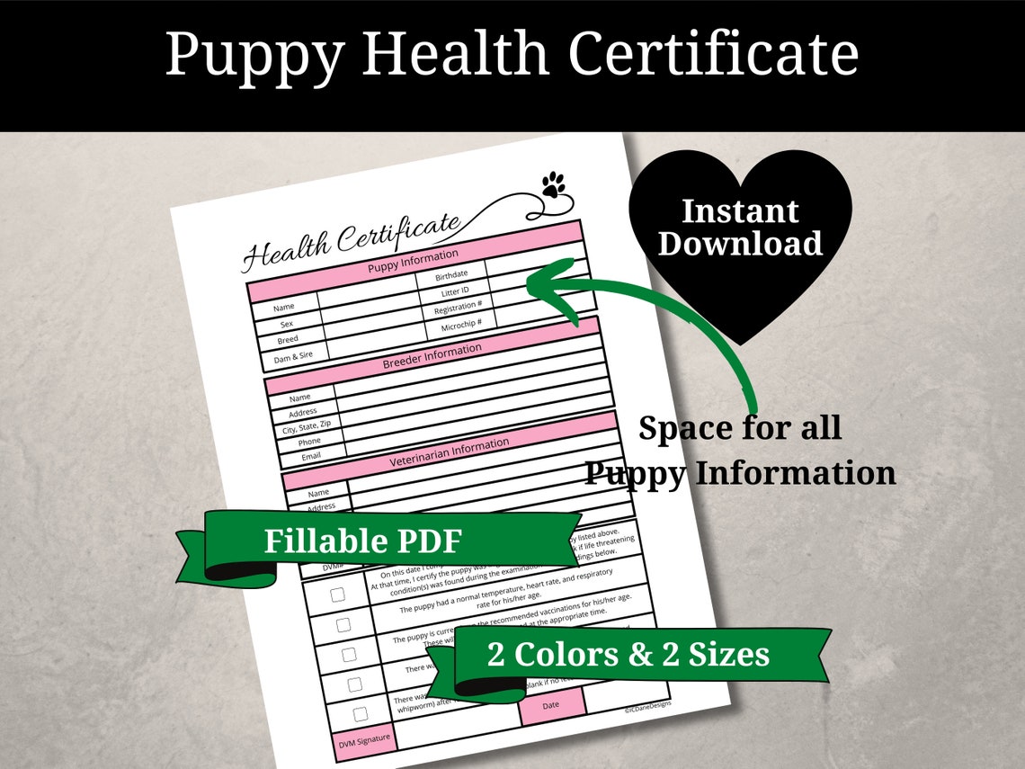 Printable Puppy Health Certificate | Editable PDF | Veterinarian Health ...