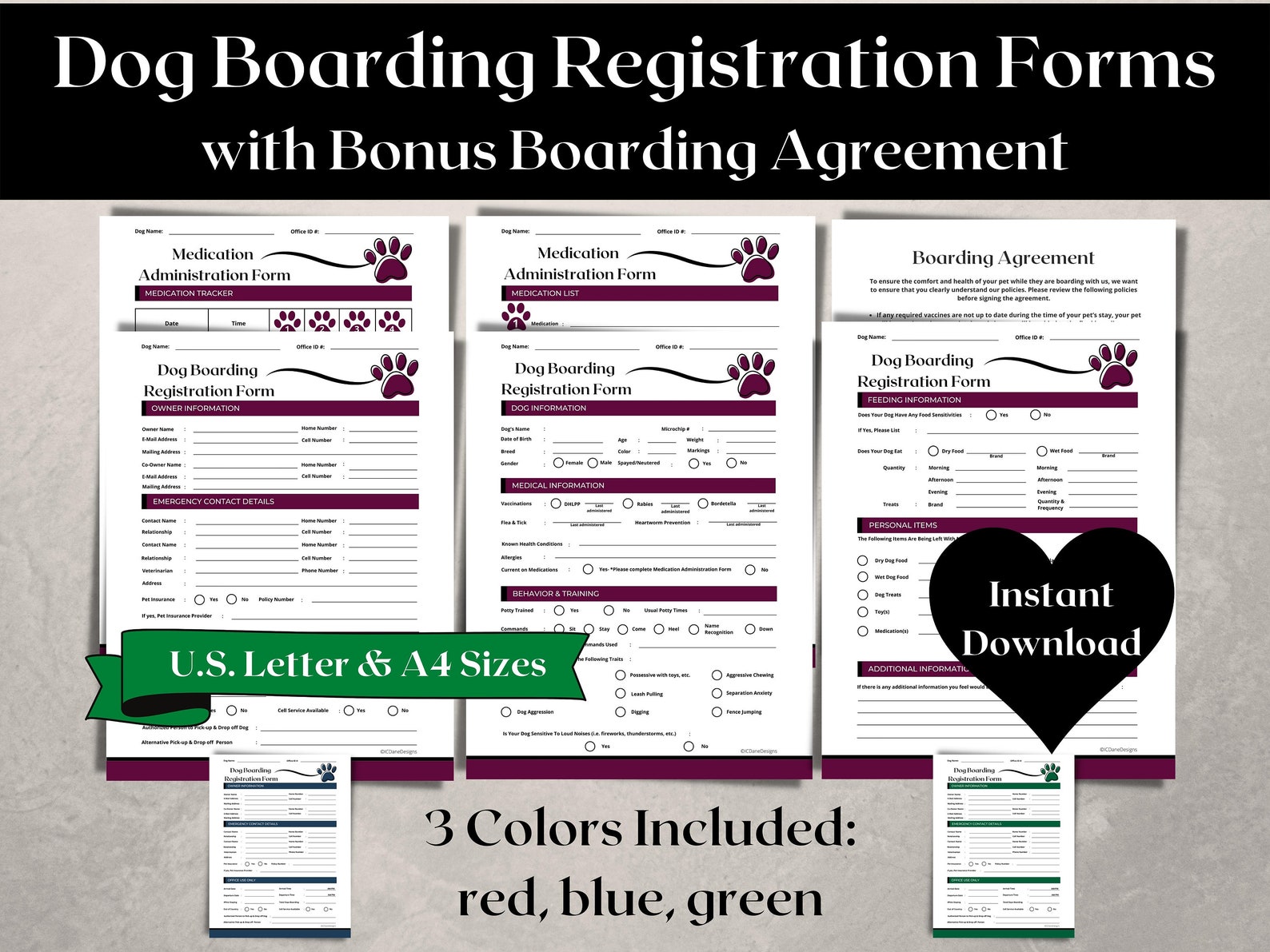 Dog Boarding Registration Forms, Printable, US Letter & A4 Sizes ...