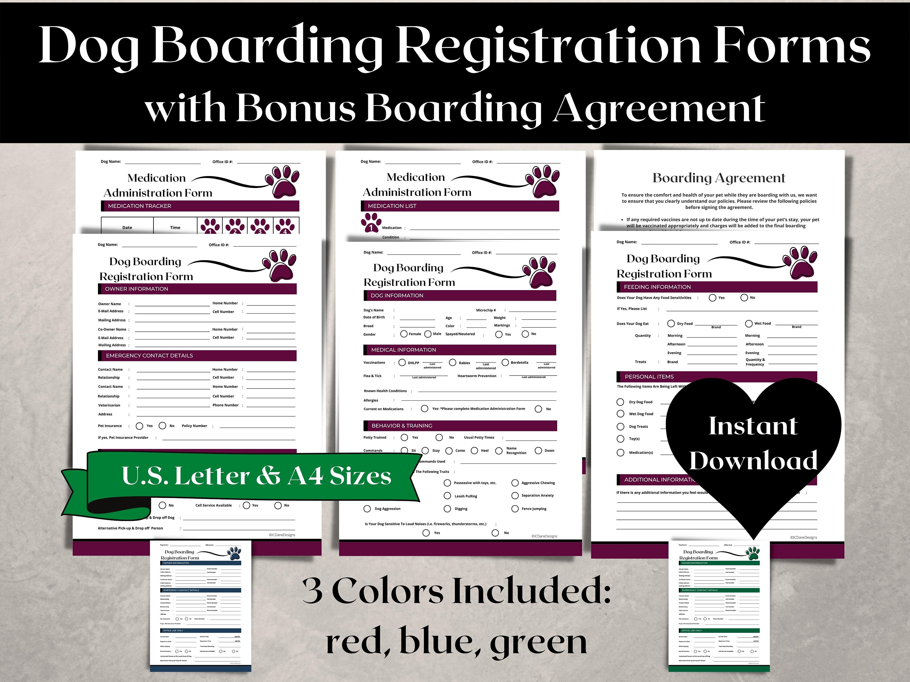 Dog Boarding Registration Forms, Printable, US Letter & A4 Sizes ...