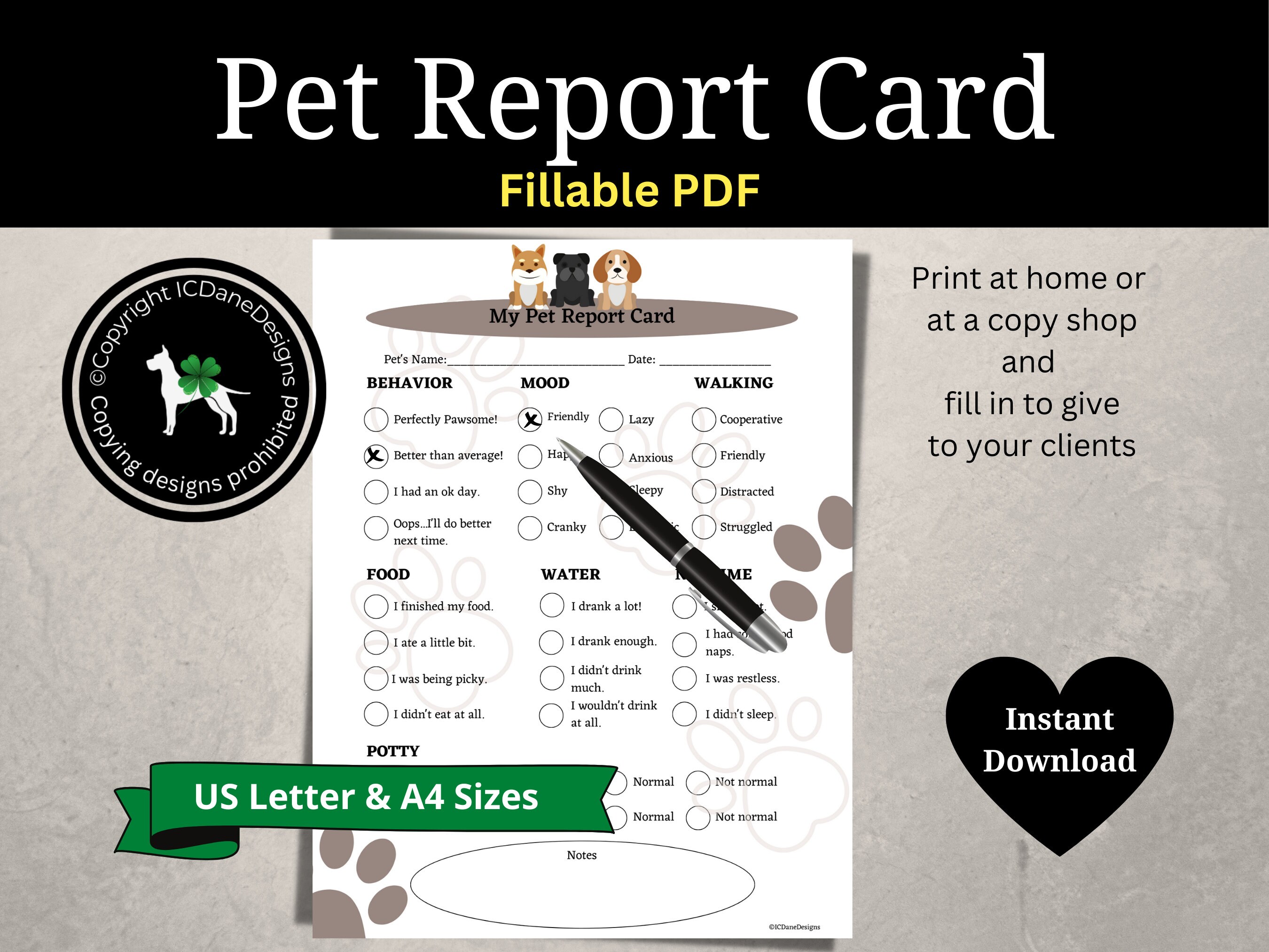 Pet Report Card Template, Dog Report Card, Dog Walking Report Form, Pet ...