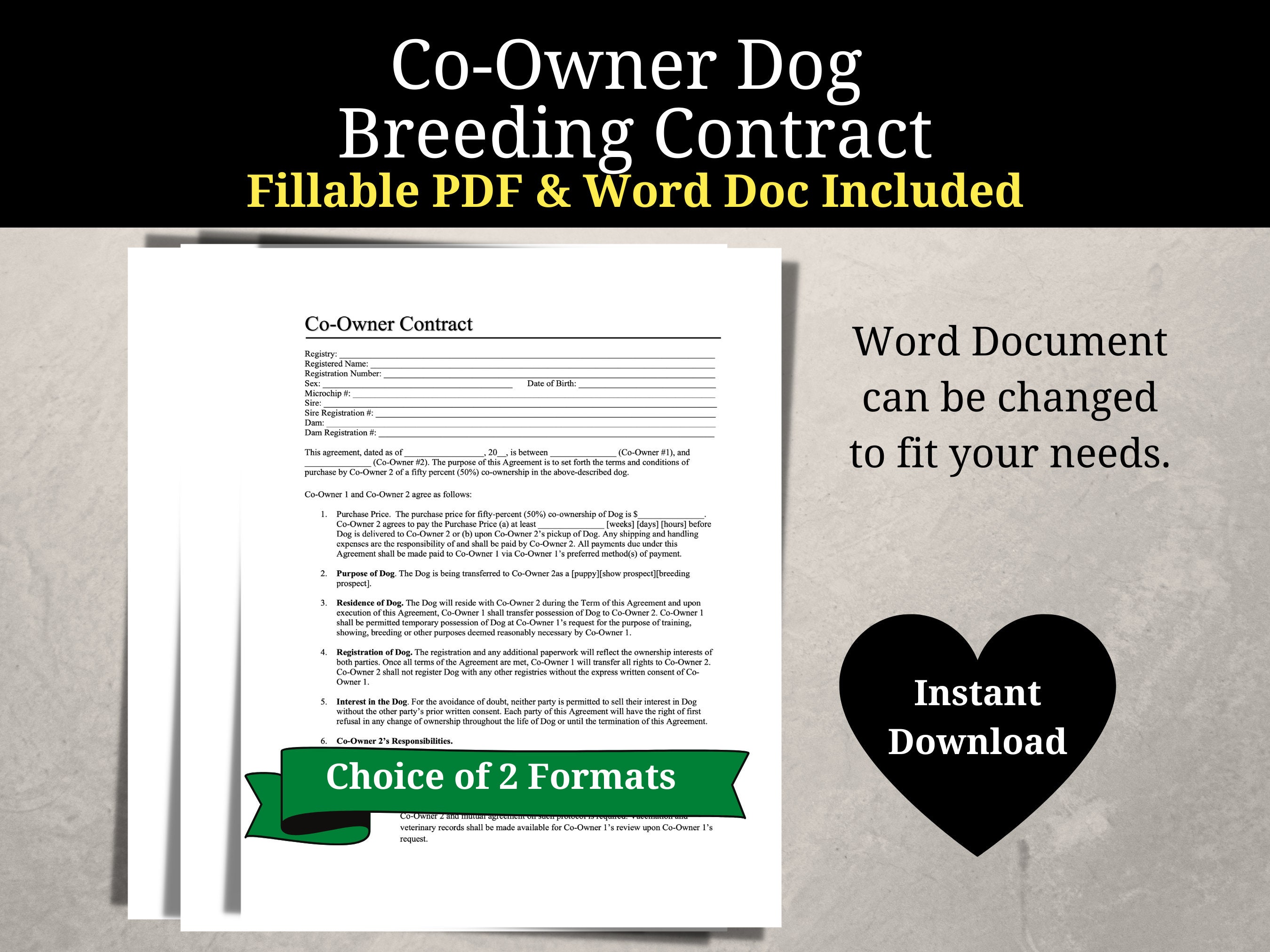 Co-owner Dog Breeder Contract, Dog Breeding Contract for Show Dogs or ...