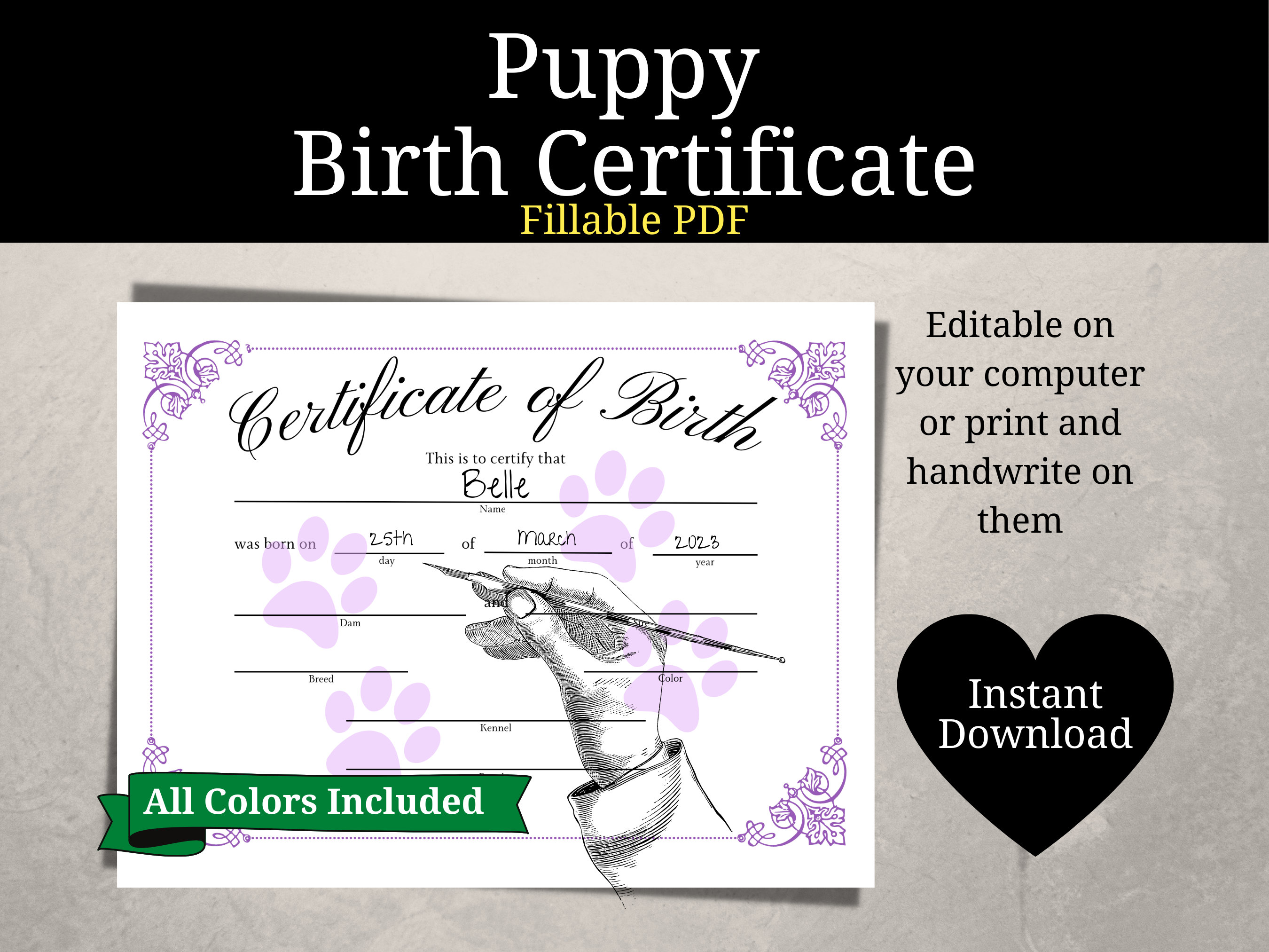 Printable Puppy Birth Certificate - Customize With Any Dog's Info, Easy ...