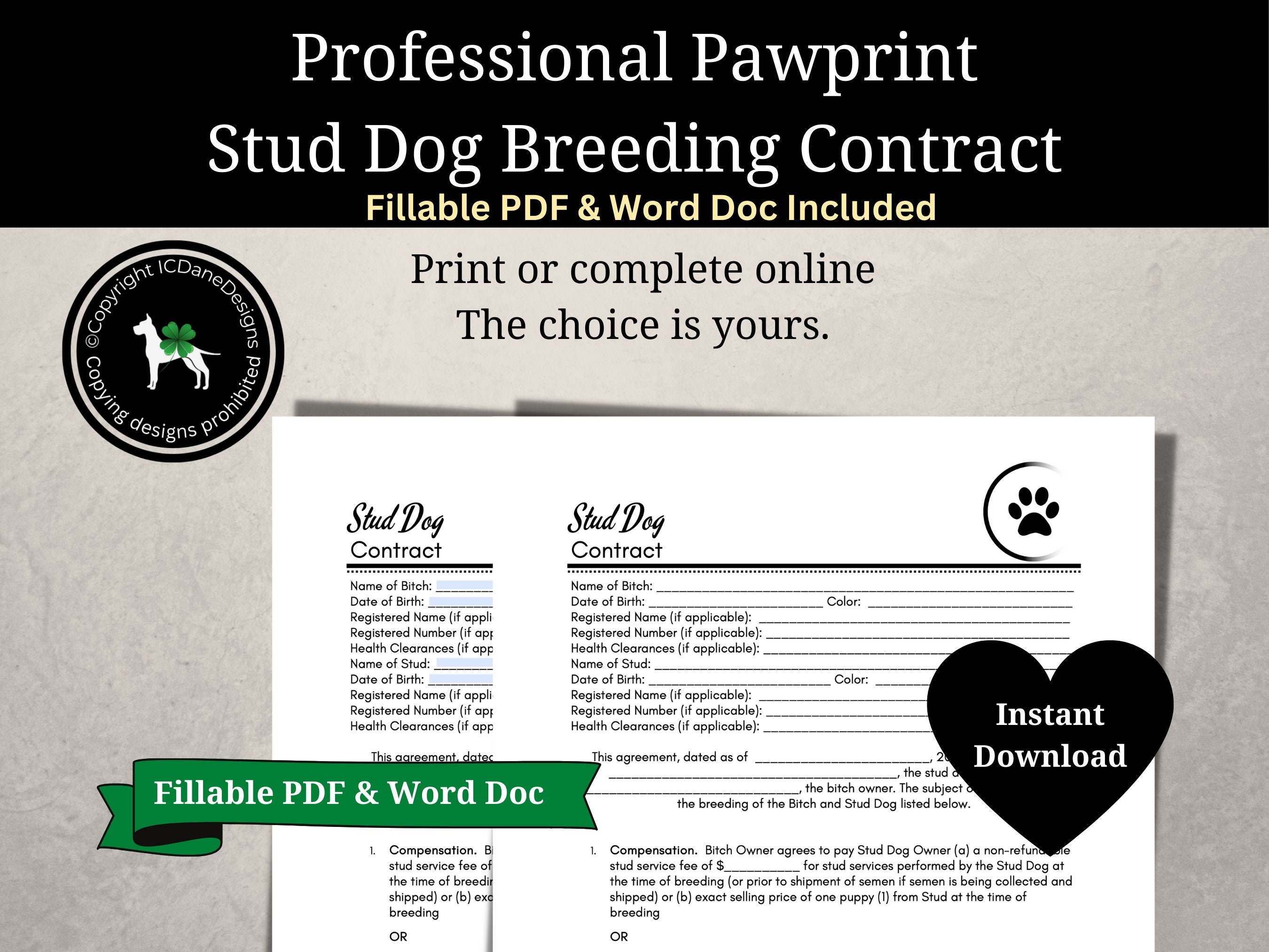 Stud Dog Breeding Contract, Fillable PDF and Word Document, Instant ...