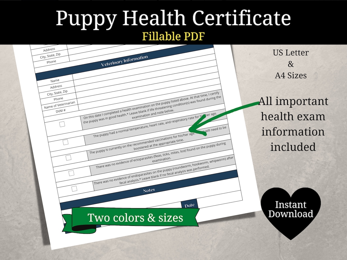 Printable Puppy Health Certificate | Editable PDF | Veterinarian Health ...