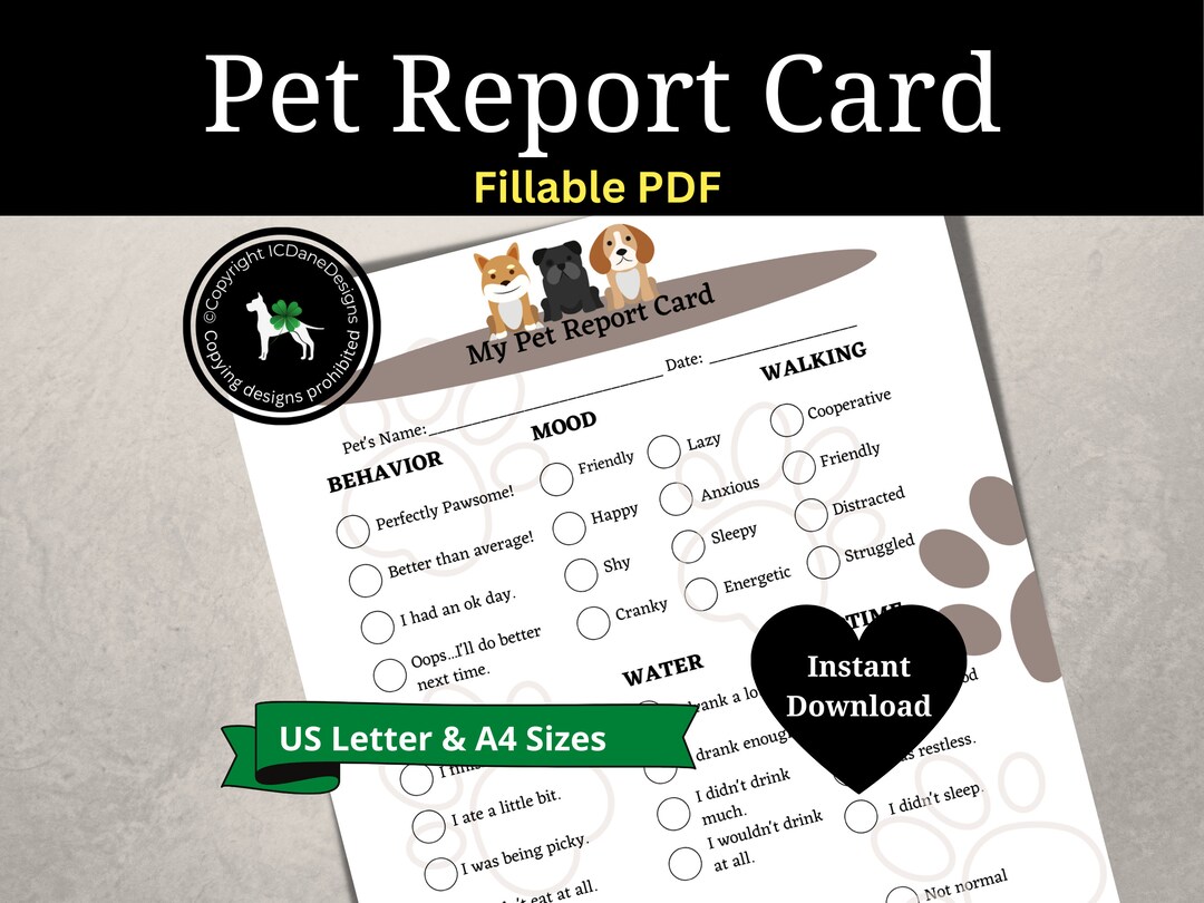 Pet Report Card Template, Dog Report Card, Dog Walking Report Form, Pet ...