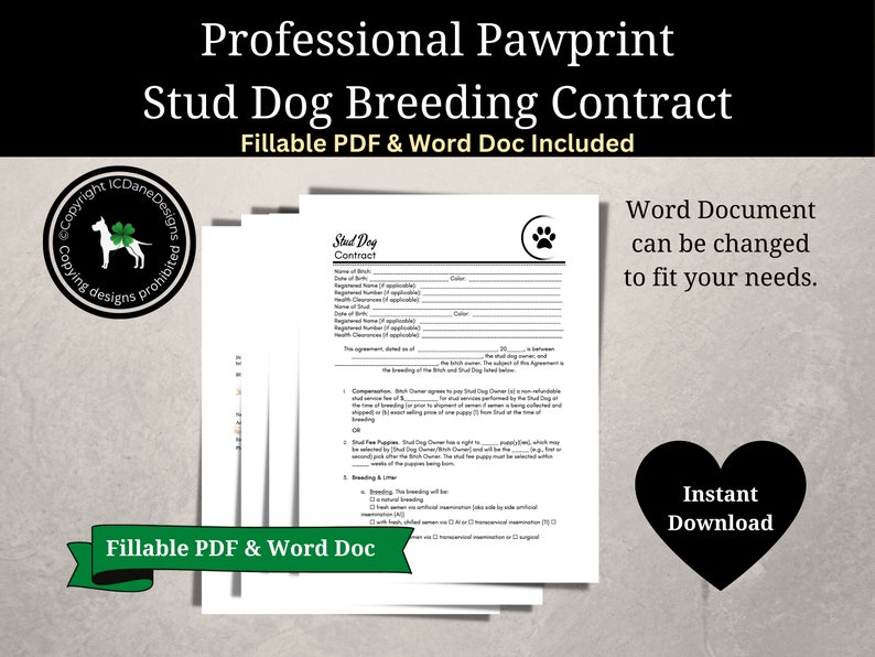 Stud Dog Breeding Contract, Fillable PDF and Word Document, Instant ...