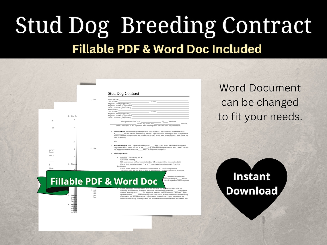 Stud Dog Owner Breeding Contract Fillable PDF Instant - Etsy