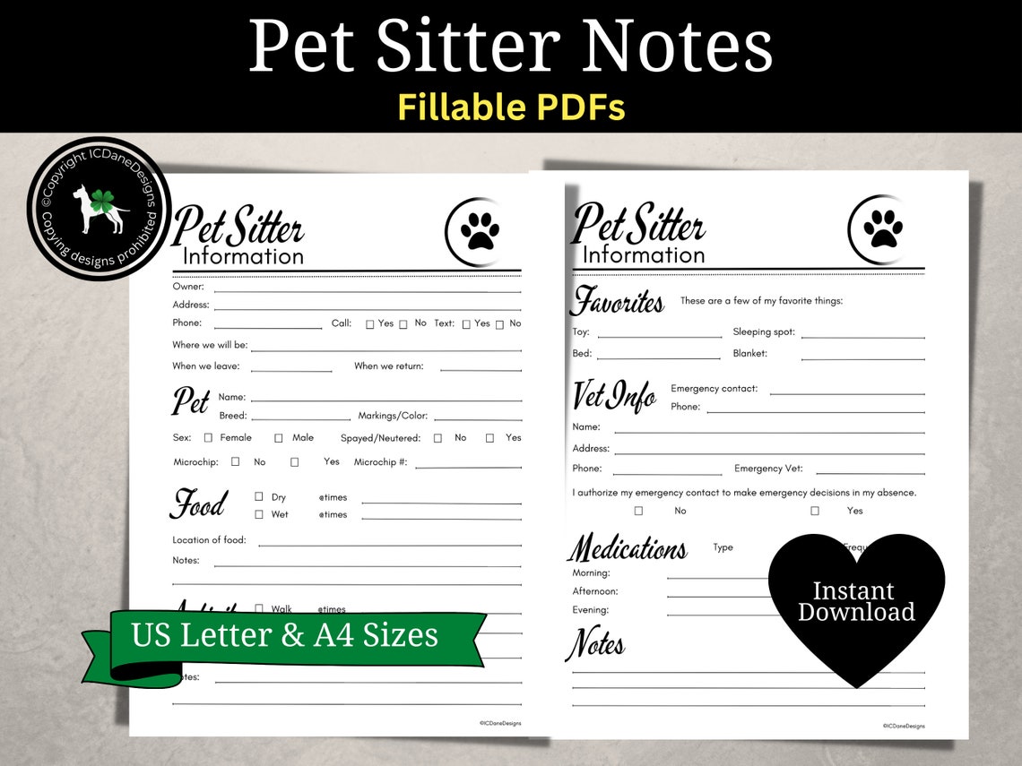 Pet Sitter Notes, Pet Sitter Instructions, Pet Sitter Forms, Pet Sitter ...