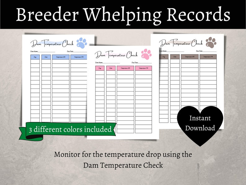 Dog Breeder Whelping Records, Dam Temperature Check, Whelping Checklist ...