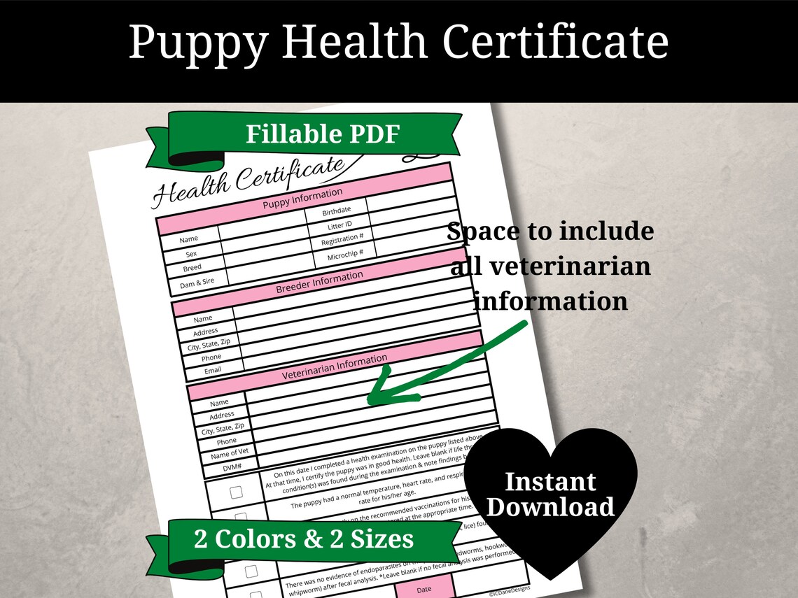 Printable Puppy Health Certificate | Editable PDF | Veterinarian Health ...