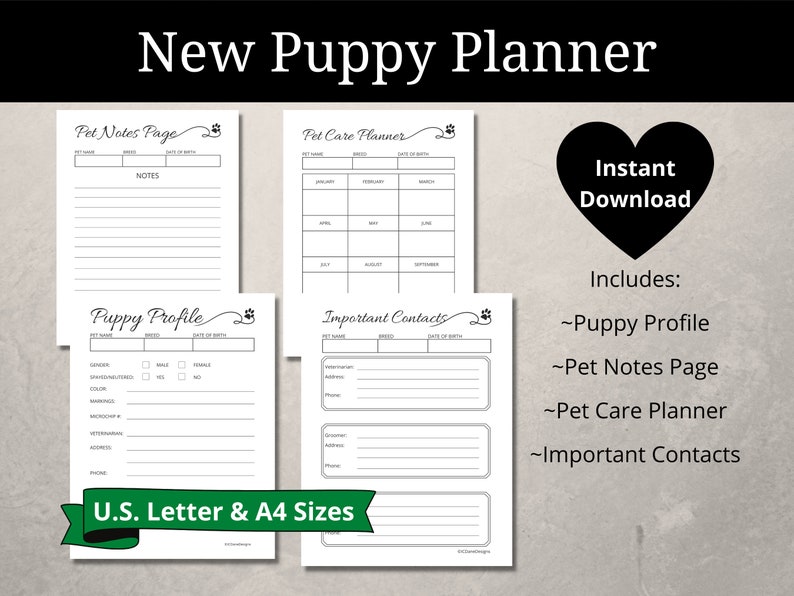 Pet Care Planner | Puppy Printable | U.S. Letter & A4 Sizes | Digital ...