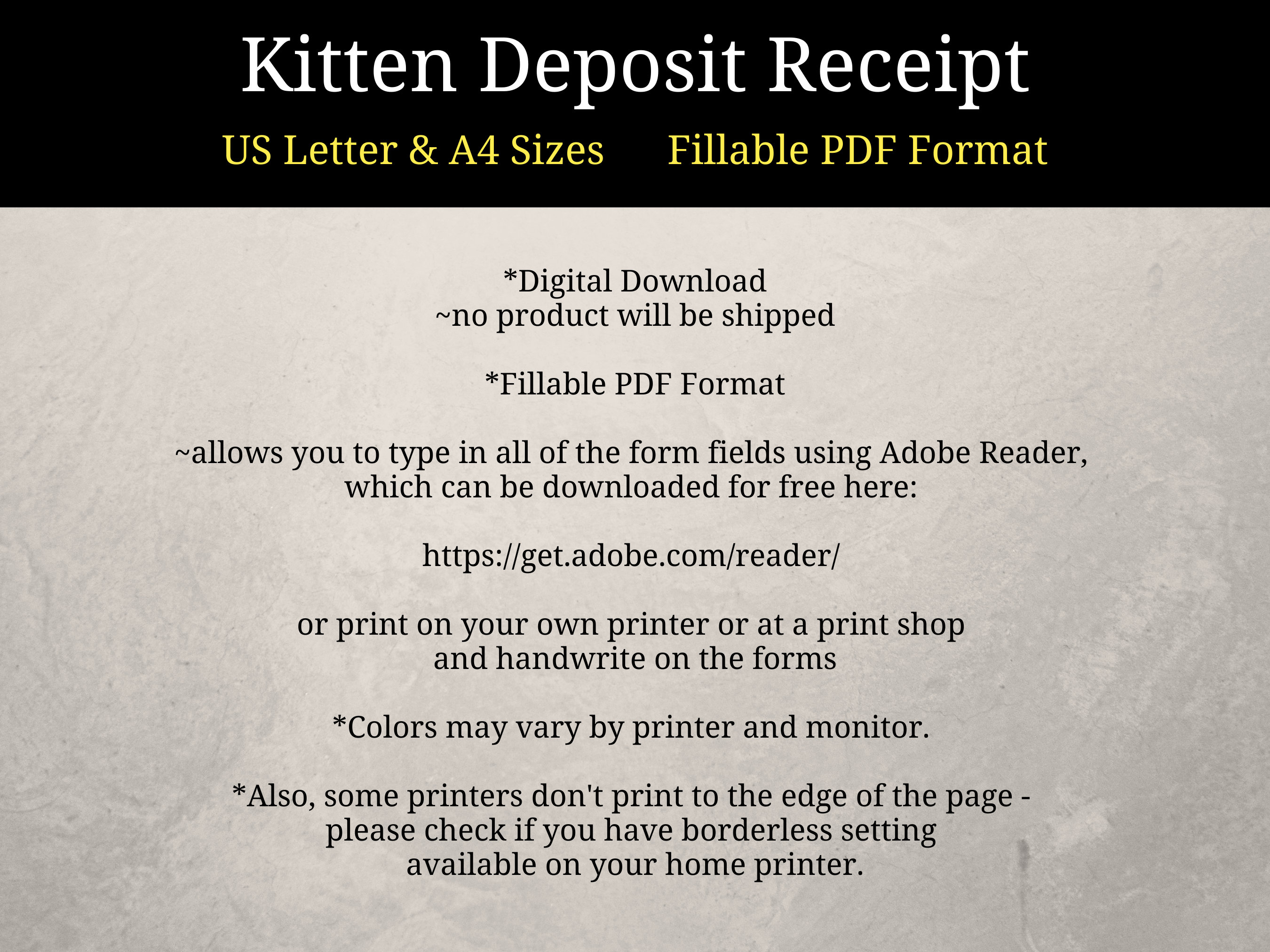 Kitten Deposit Receipt, Cat Breeder Receipt, Cat Breeder Forms, Kitten ...