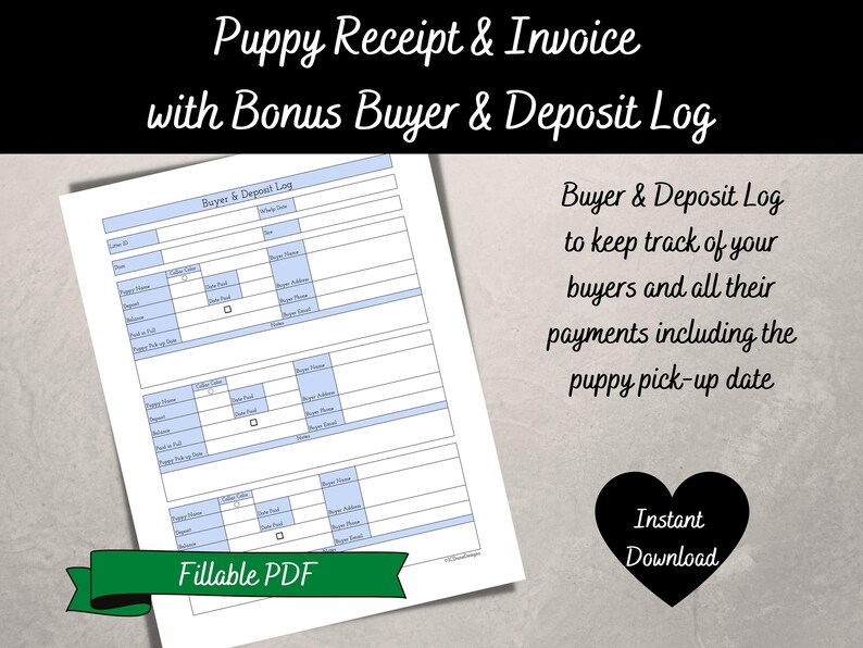 Puppy Invoice and Receipt With Bonus Buyer and Deposit Log, Breeder ...