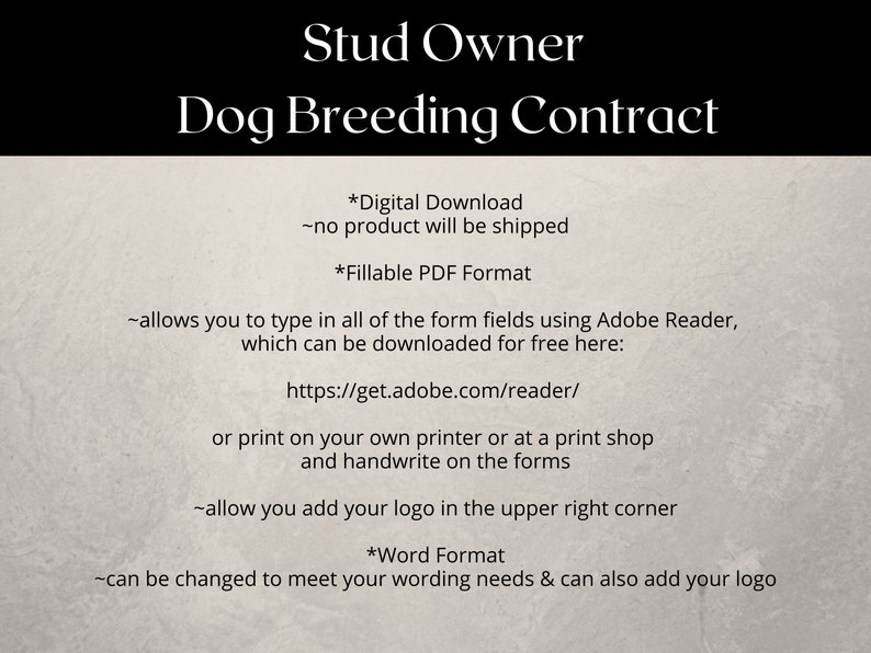 Stud Dog Owner Breeding Contract Fillable PDF Instant - Etsy