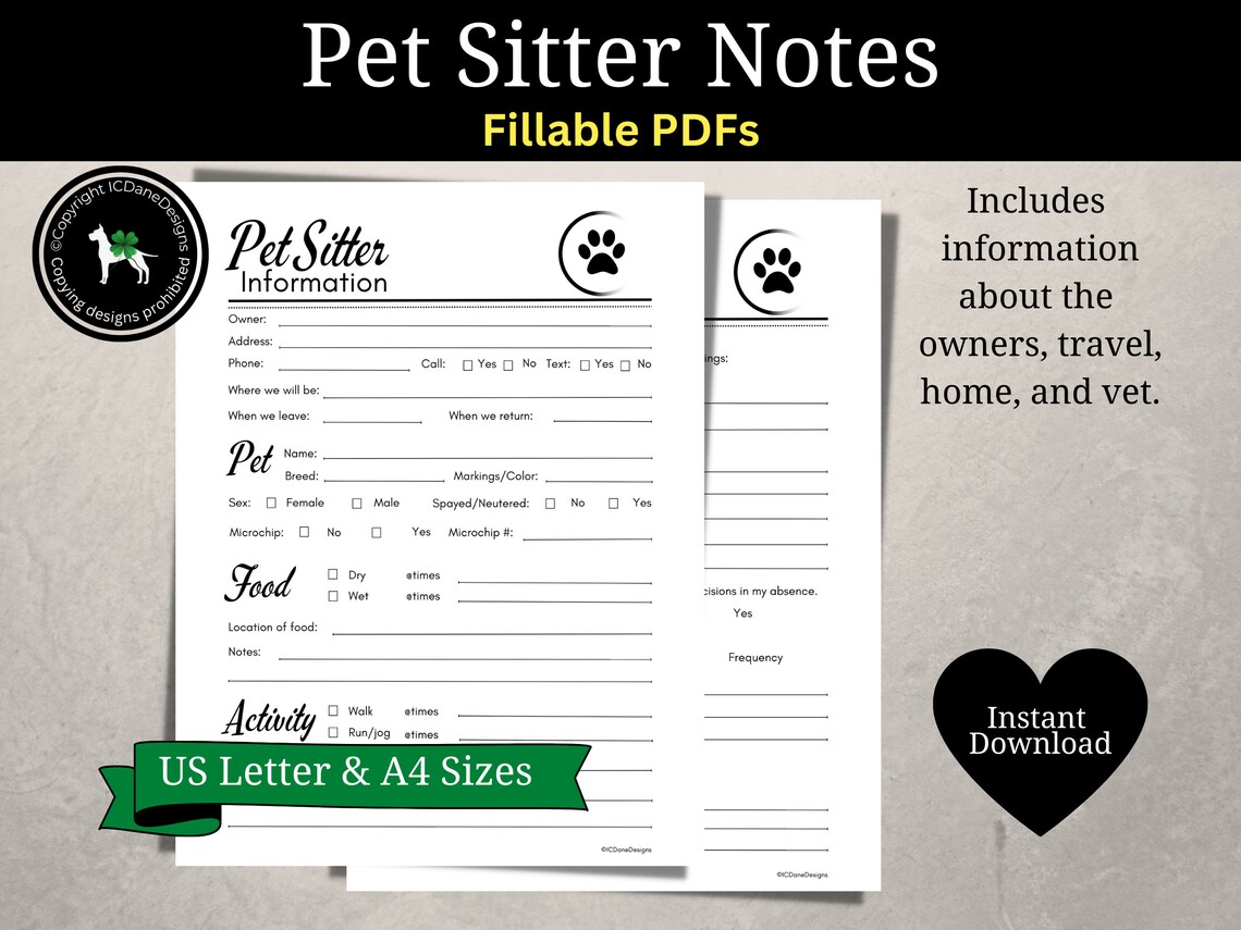 Pet Sitter Notes, Pet Sitter Instructions, Pet Sitter Forms, Pet Sitter ...