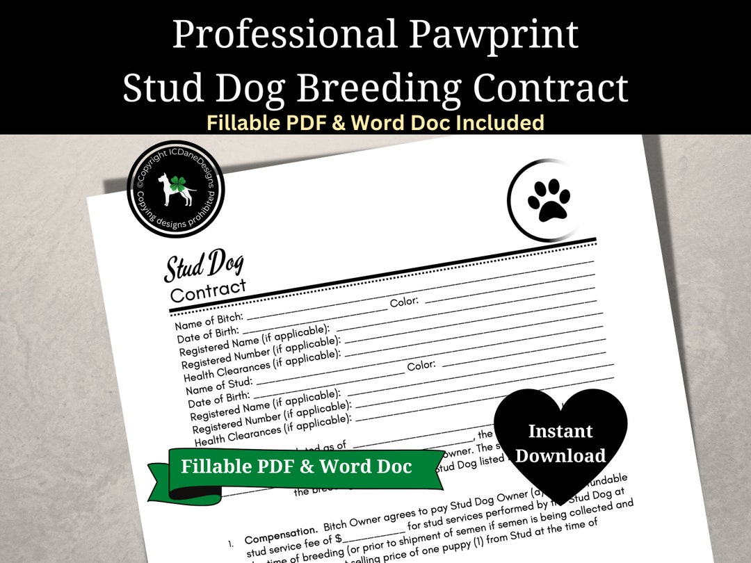 Stud Dog Breeding Contract, Fillable PDF and Word Document, Instant ...