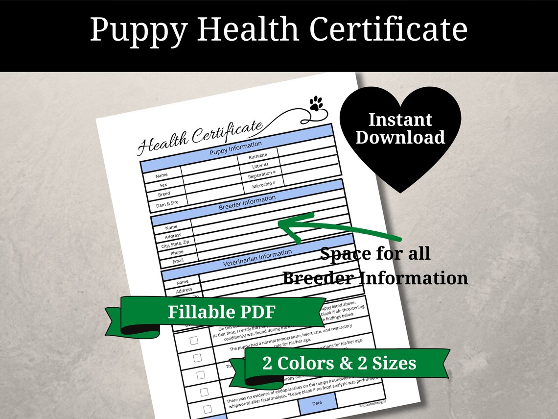 Printable Puppy Health Certificate | Editable PDF | Veterinarian Health ...