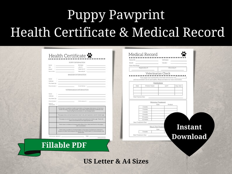 Puppy Health Certificate and Medical Record Bundle, Puppy Health Record ...