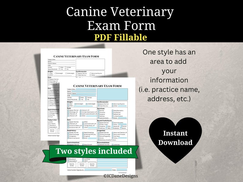 Canine Veterinary Health Exam Form, Dog Health Form, Vet Exam Form, for ...