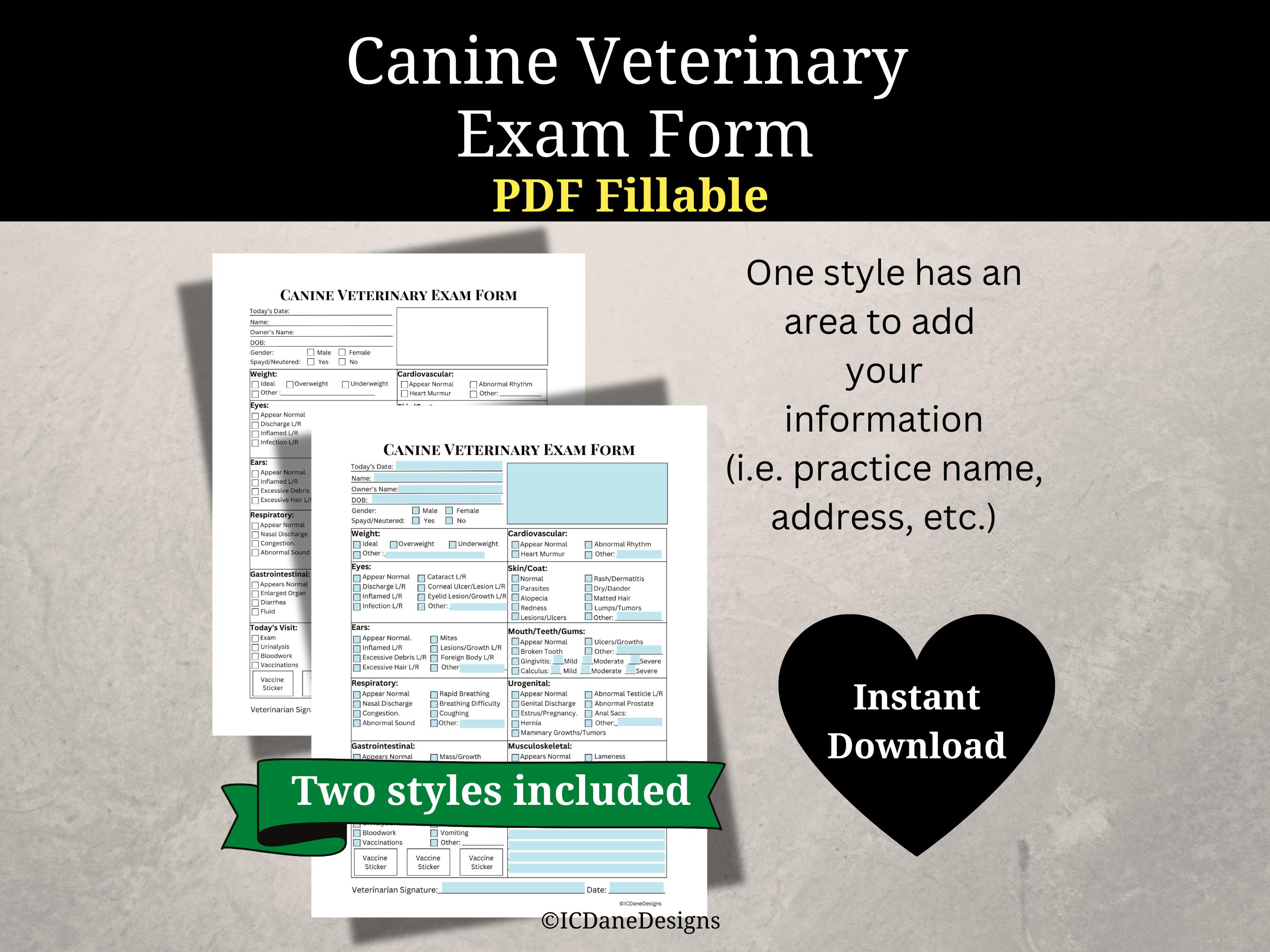 Canine Veterinary Health Exam Form, Dog Health Form, Vet Exam Form, for ...