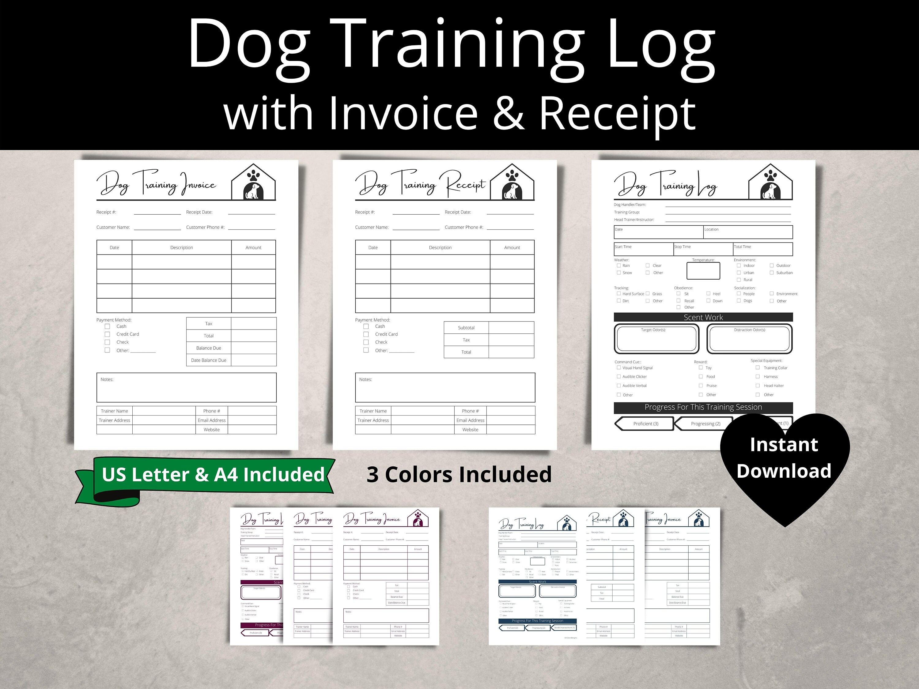 Dog Training Log With Invoice and Receipt, Dog Training Planner ...
