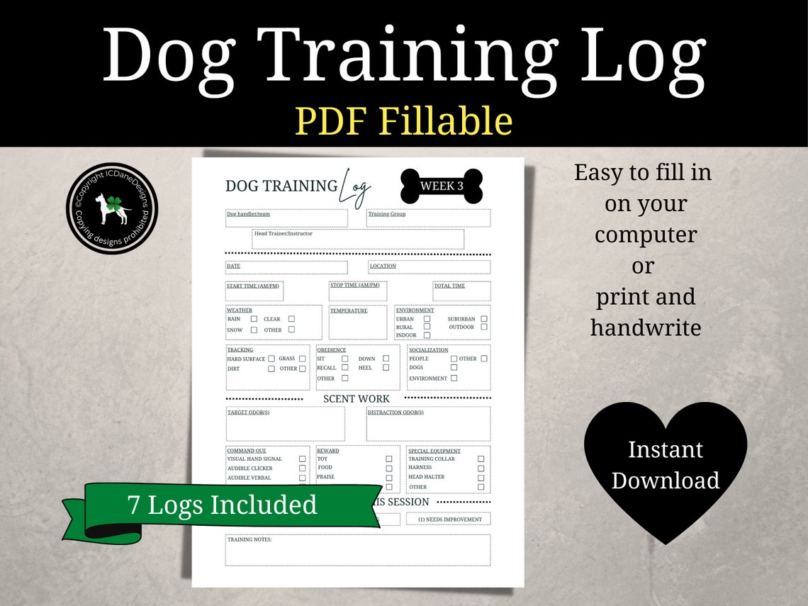 Dog Training Log, Puppy Training Log, Dog Training Planner, Service Dog ...