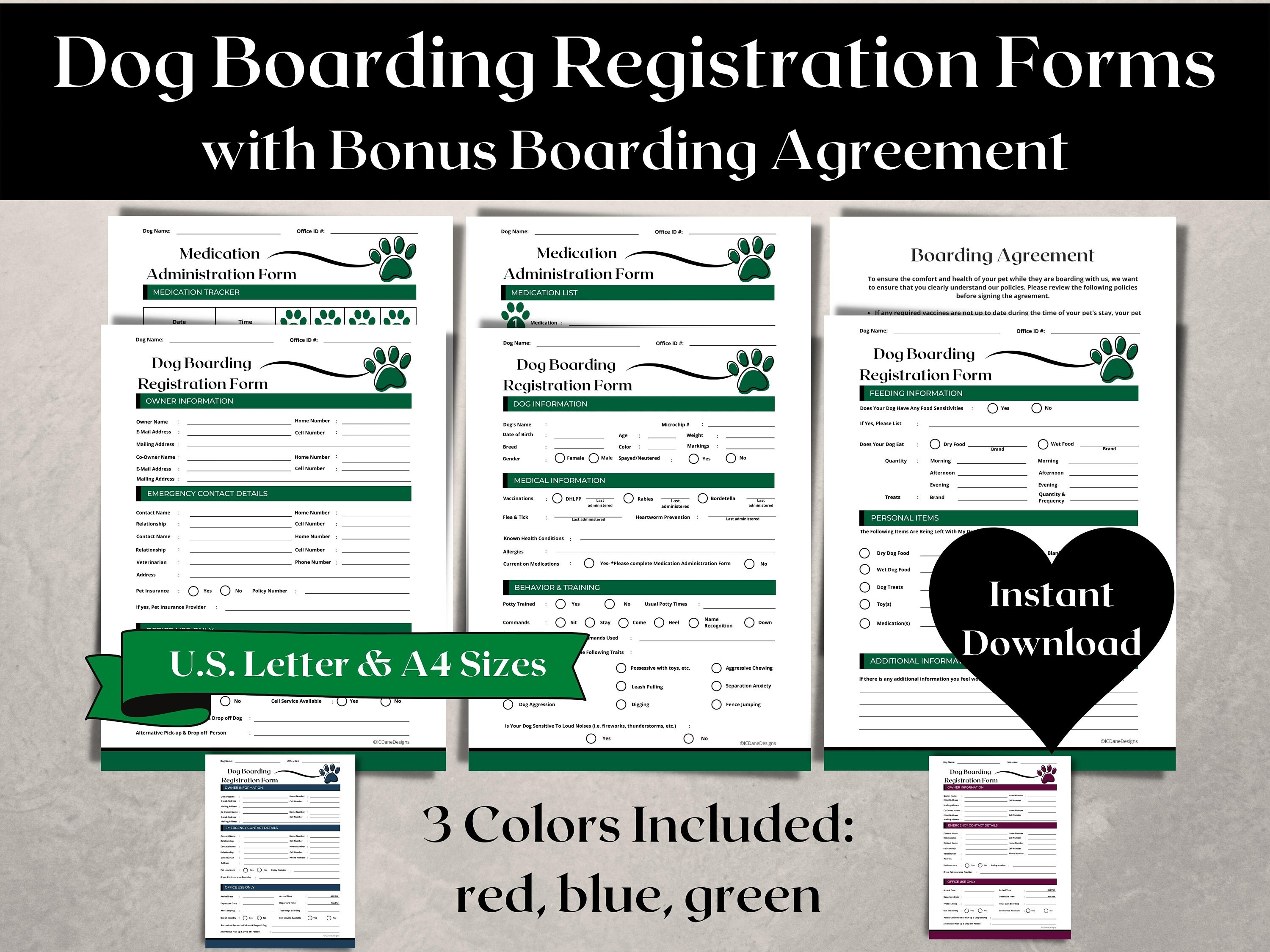 Dog Boarding Registration Forms, Printable, US Letter & A4 Sizes ...