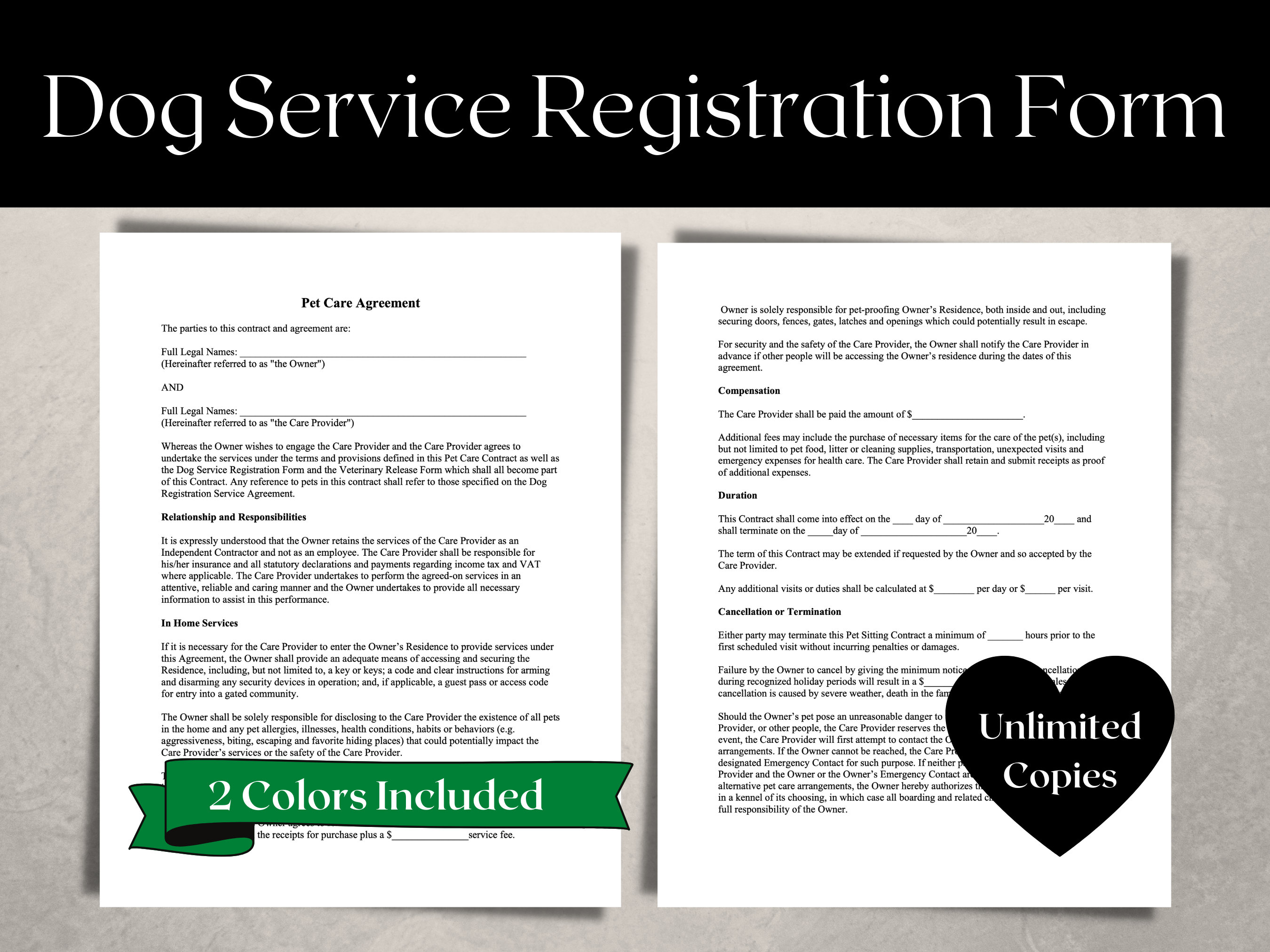 Dog Service Registration Form With Pet Care Agreement and Emergency ...